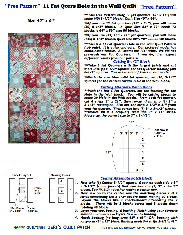 Free Pattern – 11 Fat Quarters Hole in the Wall Quilt – Jeri's Quilt Patch