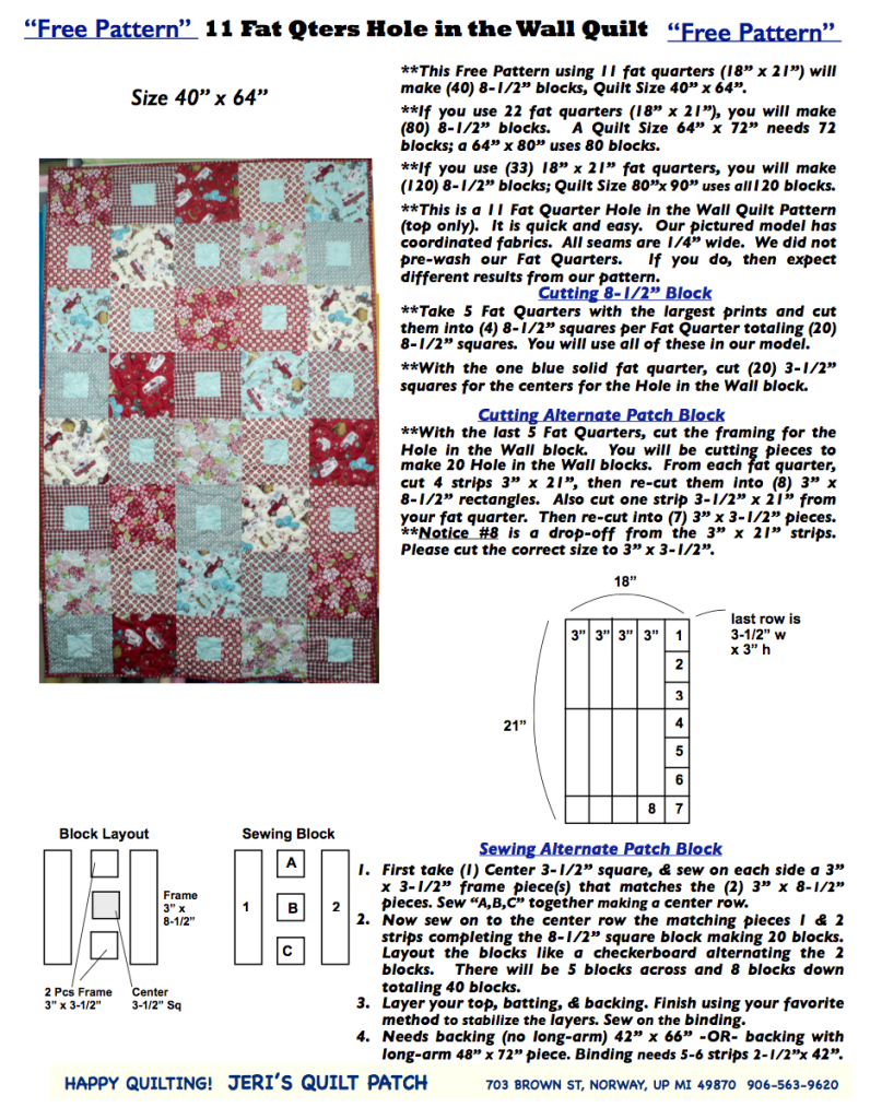 Free Pattern – 11 Fat Quarters Hole in the Wall Quilt – Jeri's Quilt Patch